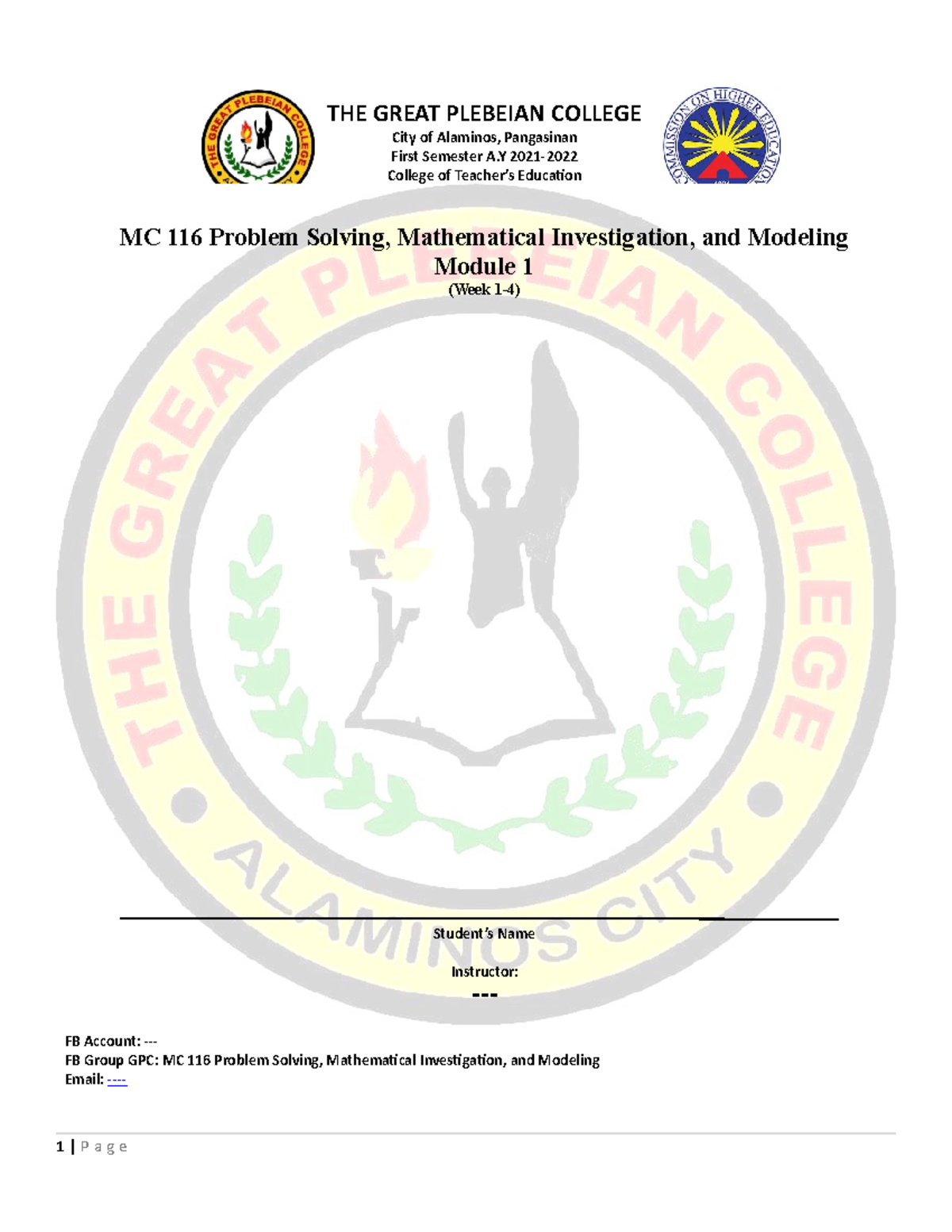 Module 1 MC 116 Problem Solving, Mathematical Investigation, and Modeling - Copy - THE GREAT ...