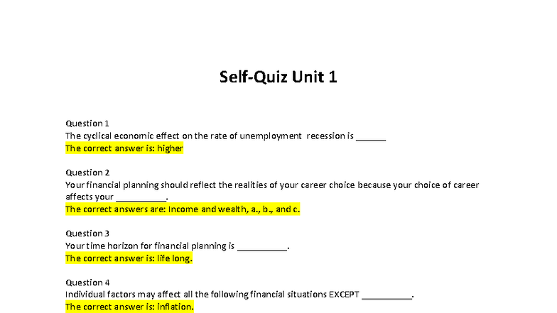 Self-Quiz Unit 1: Personal Finance Concepts and Questions - Studocu