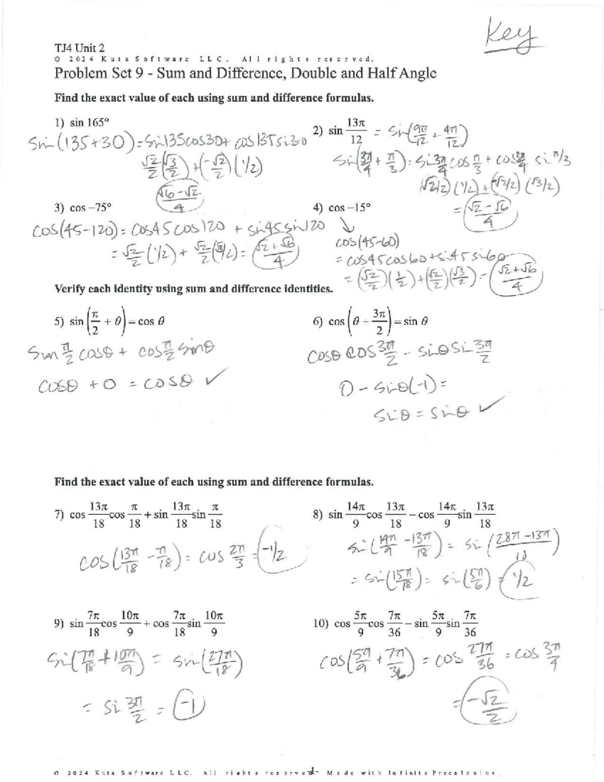 TJ4 Unit 2 Problem Set 9: Sum & Difference Formulas Key - Studocu