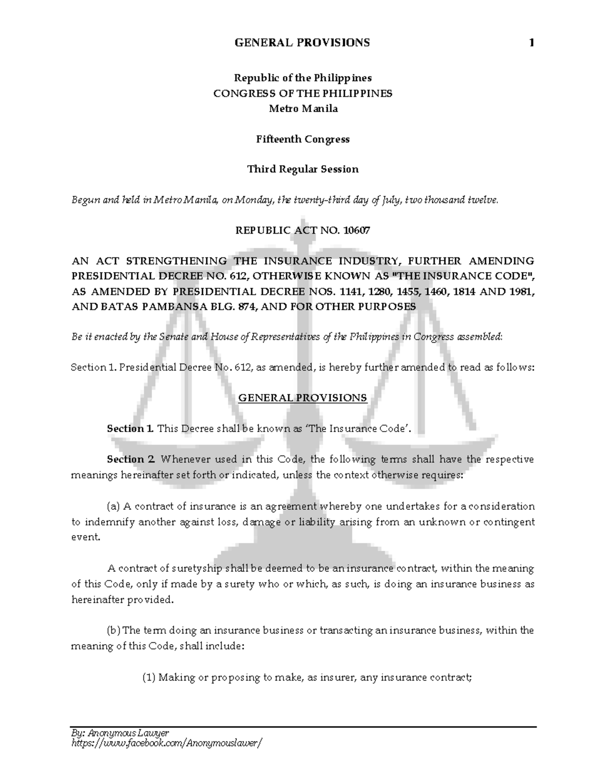 (R.A. 10607) Insurance Code of The Philippines - GENERAL PROVISIONS 1 ...