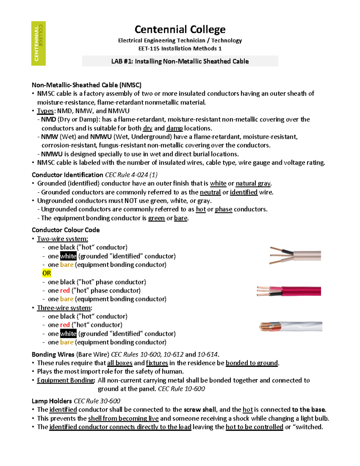 EET-115 Lab 1: Installing Non-Metallic Sheathed Cable Guide - Studocu