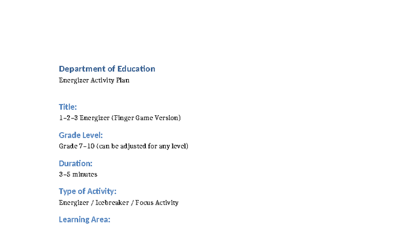 1-2-3 Energizer Activity Plan for Homeroom Values Ed (DepEd) - Studocu