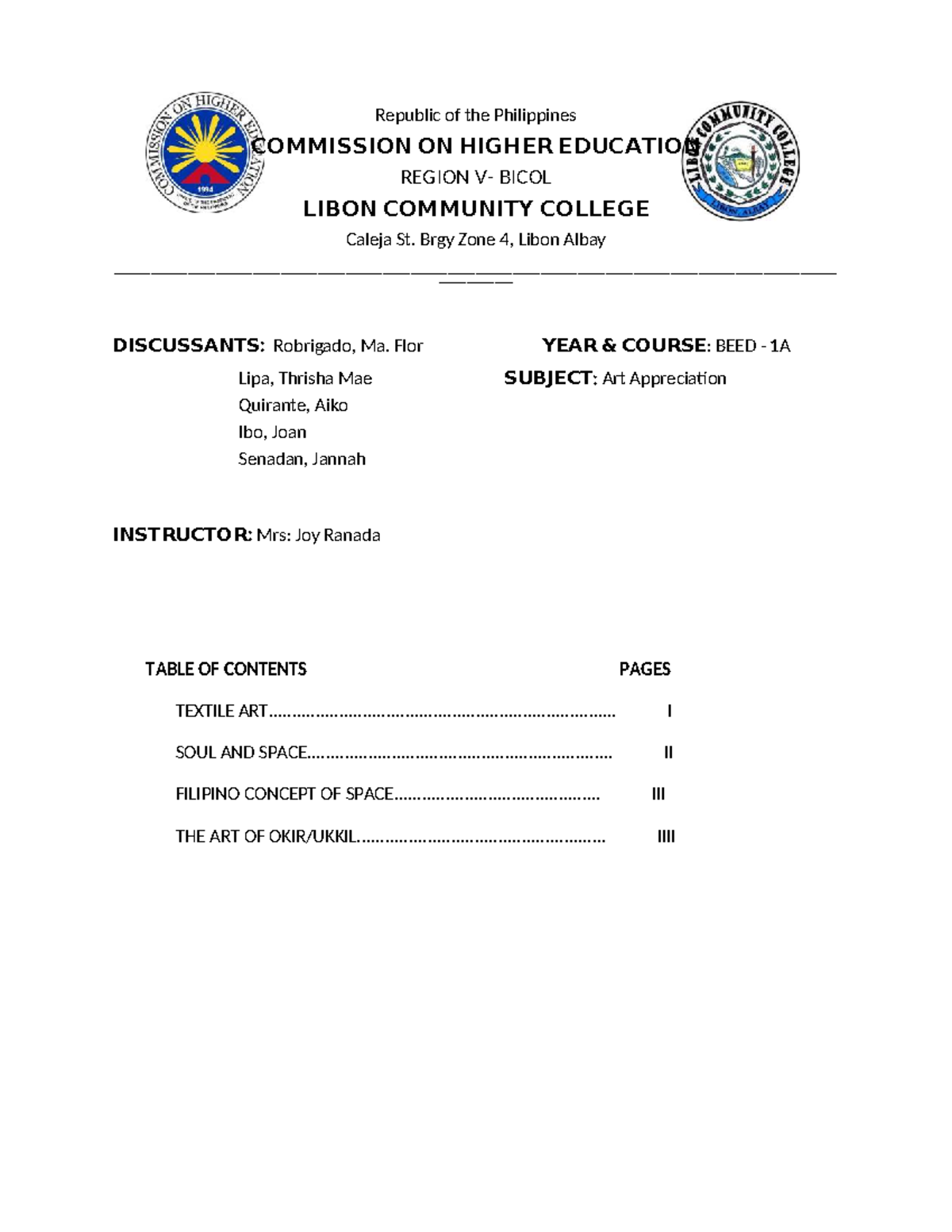 BEED 1A Art Appreciation: Textile Art & Filipino Space Concepts - Studocu