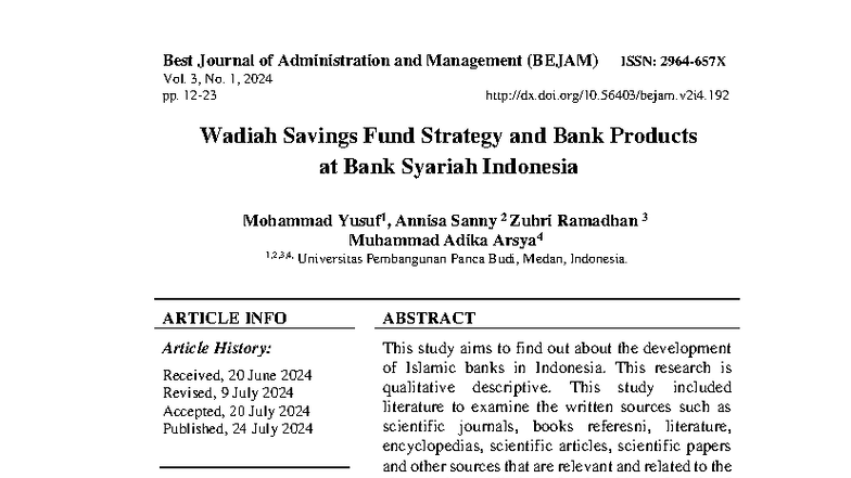 Wadiah Savings Fund Strategy and Bank Products at BSI (BEJAM) Vol. 3 ...