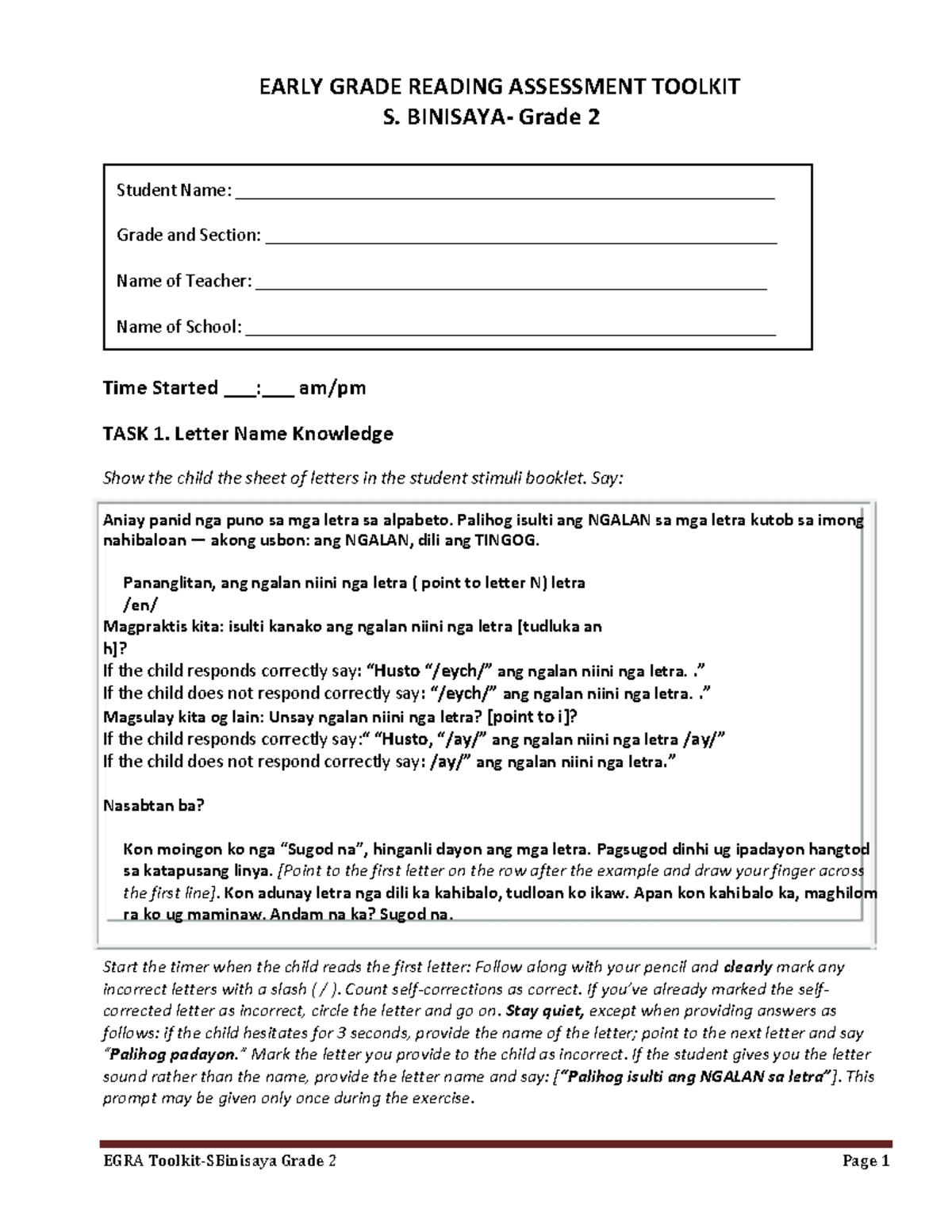 EGRA SBinisaya Grade 2 - Early Reading Assessment Toolkit - Studocu