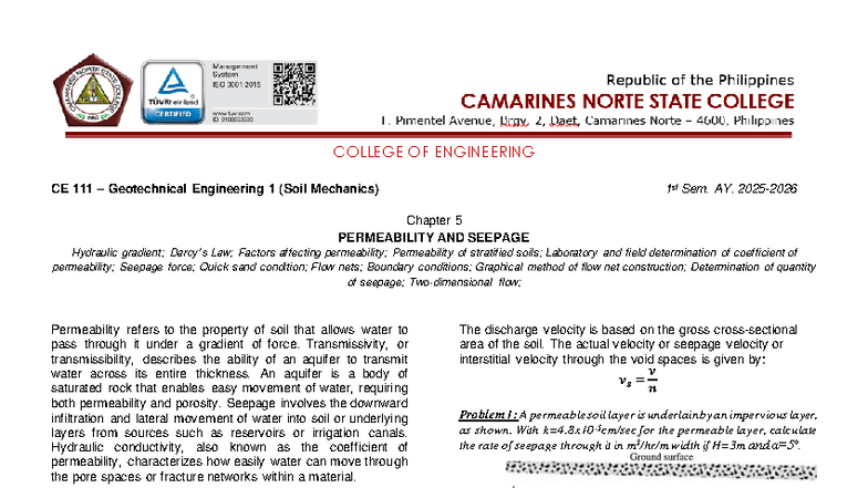 CE Geotechnical Engineering 1: Chapter 5 - Permeability & Seepage Notes ...