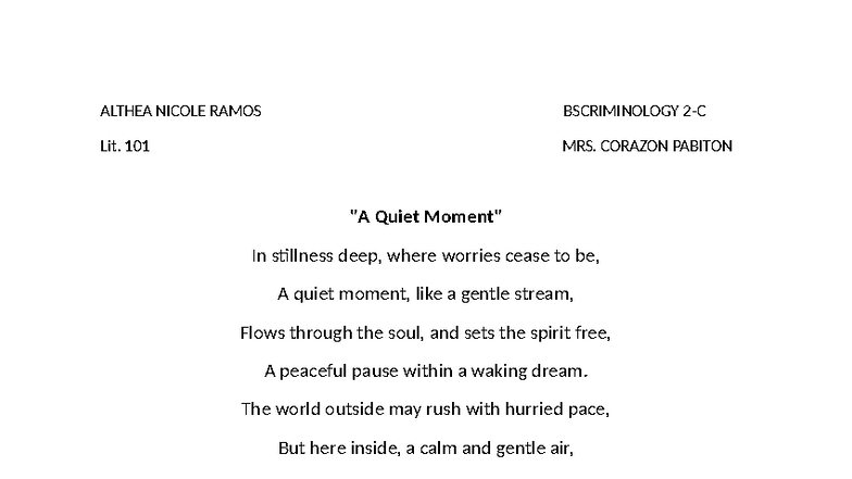 Lit. 101 Sonnet Analysis: "Quiet In Stillness Deep" by EYA - Studocu