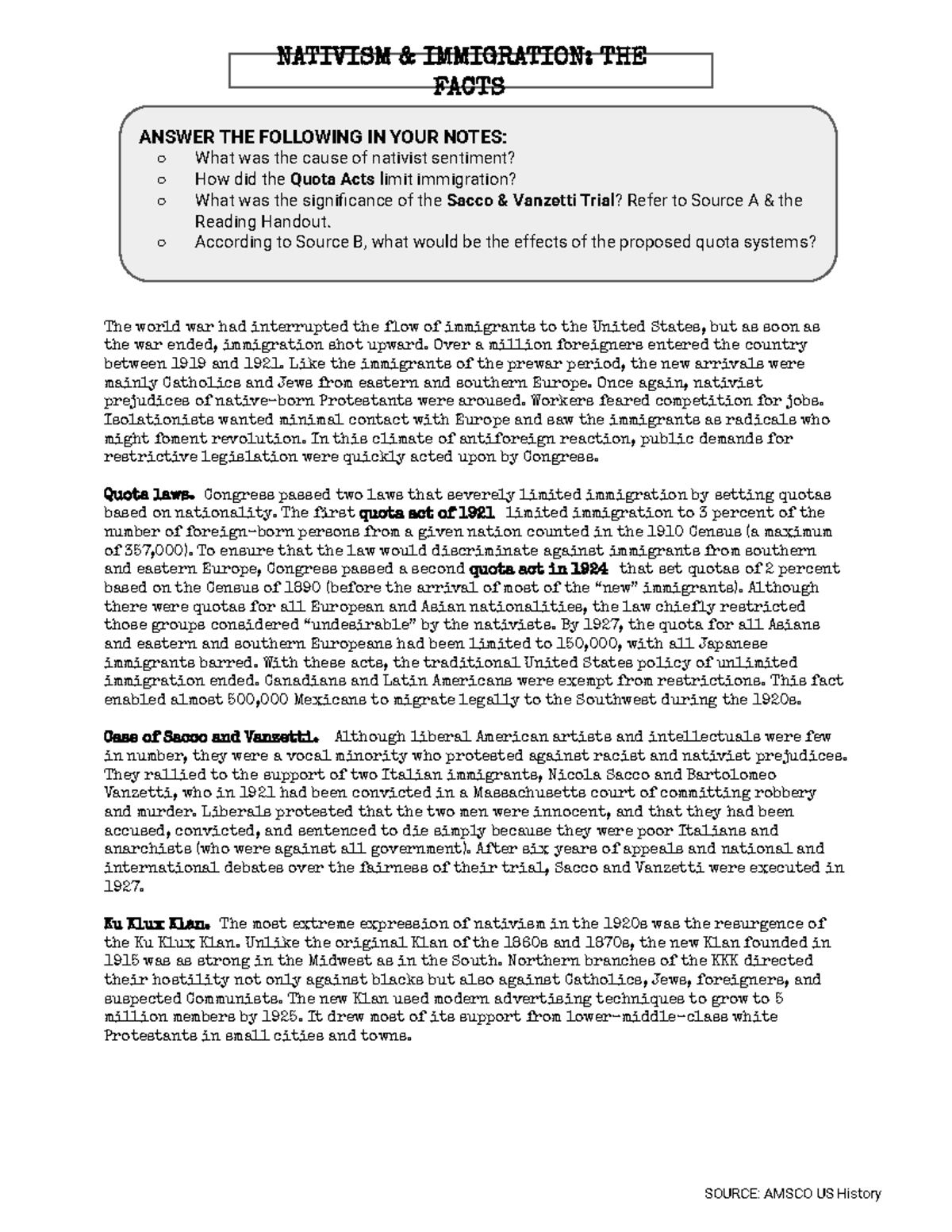 NATIVISM AND IMMIGRATION IN THE 1920s: KEY FACTS AND EVENTS - Studocu