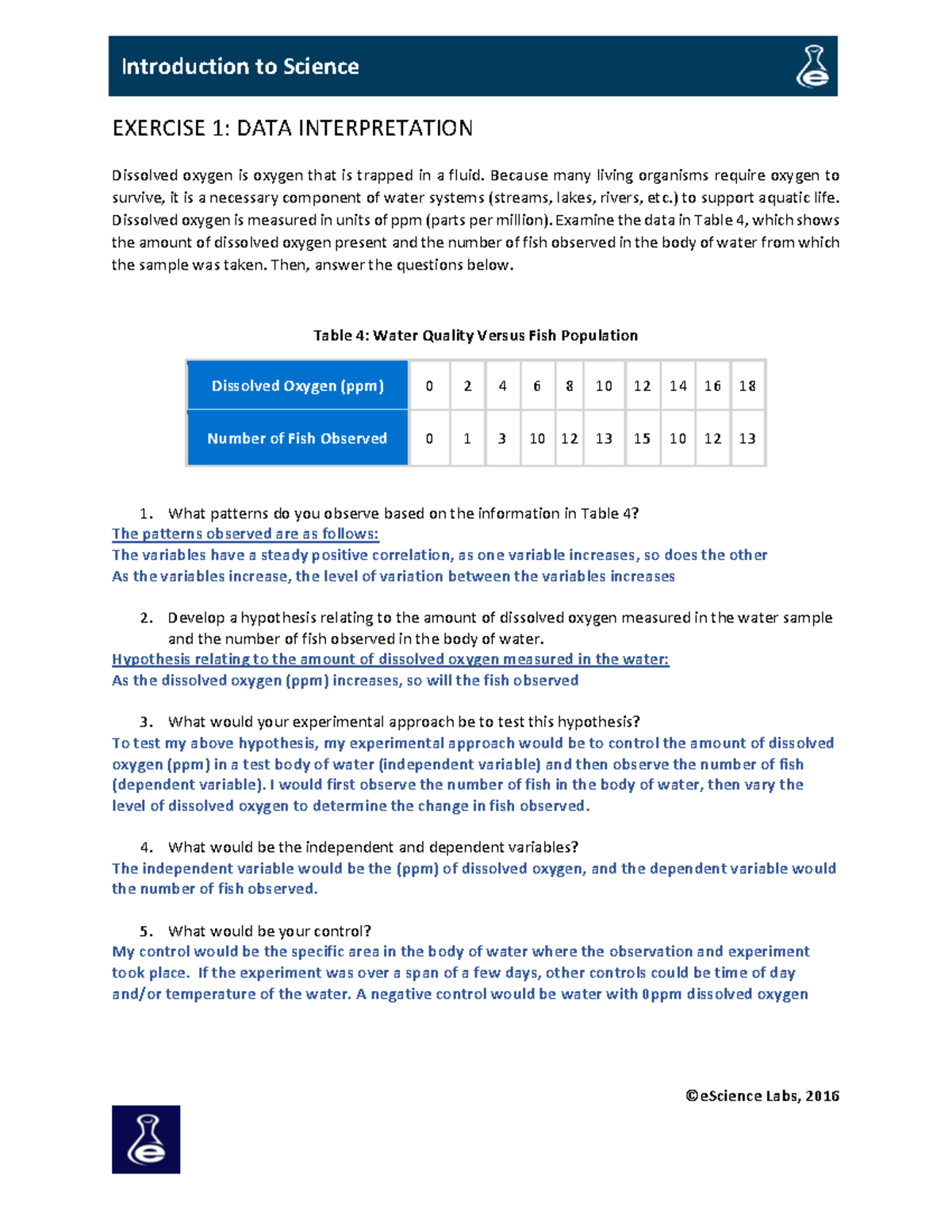 Lab 1 Intro to Science- eScience Lab - EXERCISE 1: DATA INTERPRETATION Dissolved oxygen is ...