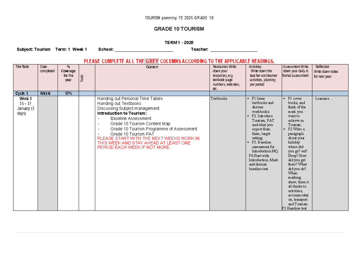 TS 2025 GRADE 10 TOURISM Lesson Planning for Terms 1-4 - Studocu