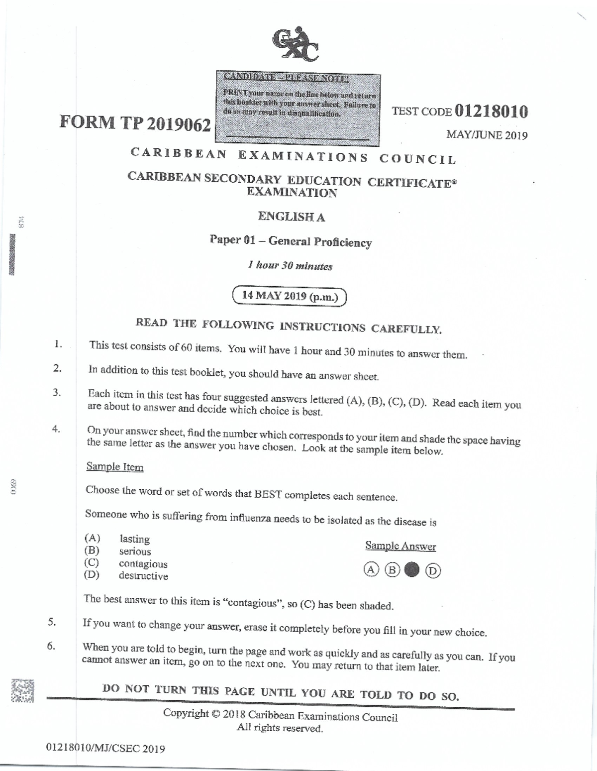 CSEC ENGLISH A Paper 01 General Proficiency Instructions & Test Items ...