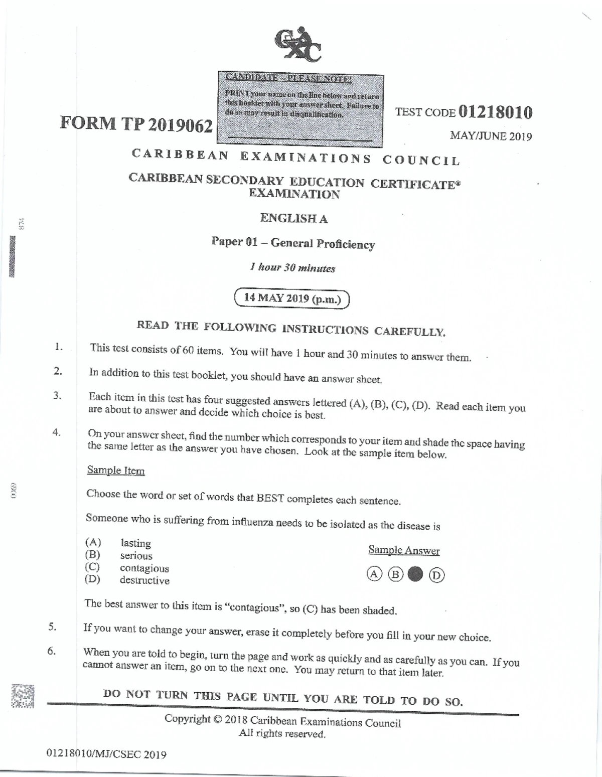 2017 CSEC English A Paper 01 General Proficiency Test Instructions ...