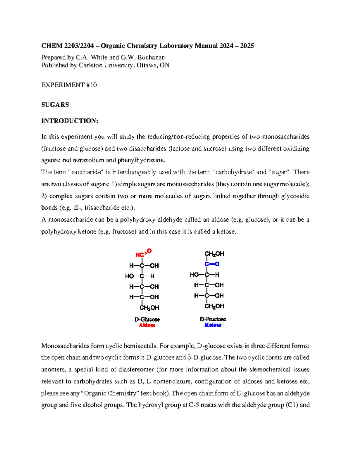 CHEM 2203/2204 Lab Manual: Study of Reducing Sugars (2024-2025) - Studocu