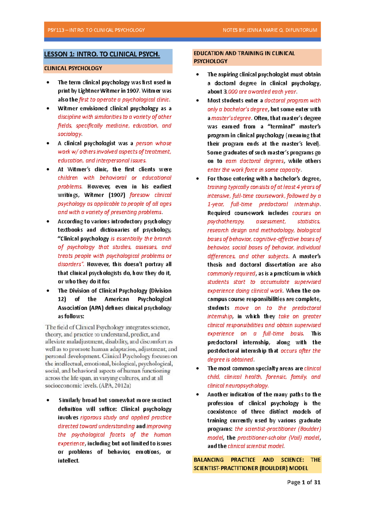 PSY113 INTRO. TO CLINICAL PSYCHOLOGY LESSON 1: OVERVIEW OF CLINICAL ...
