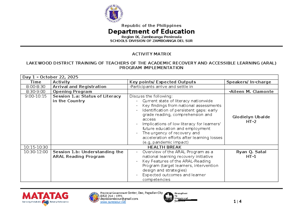 ARAL Program Training Matrix: Day 1 Activities Overview - Studocu
