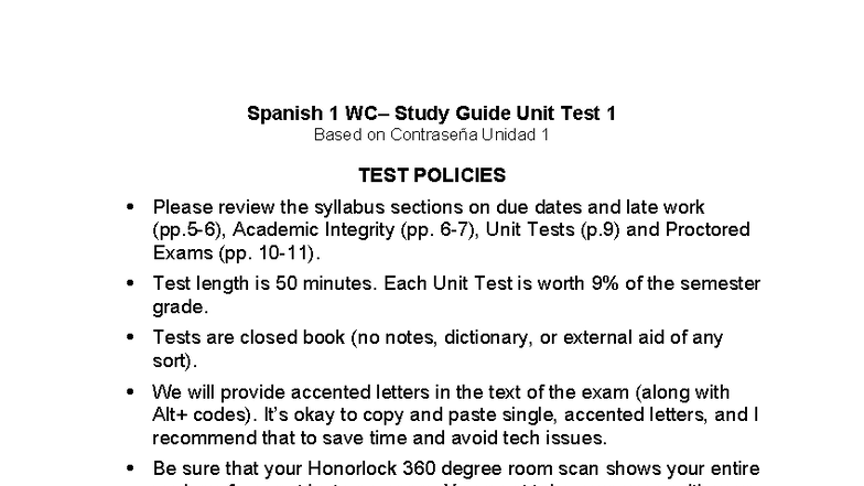 Spanish 1 (Span1) Unit Test 1 Study Guide: Contraseña Unidad 1 - Studocu