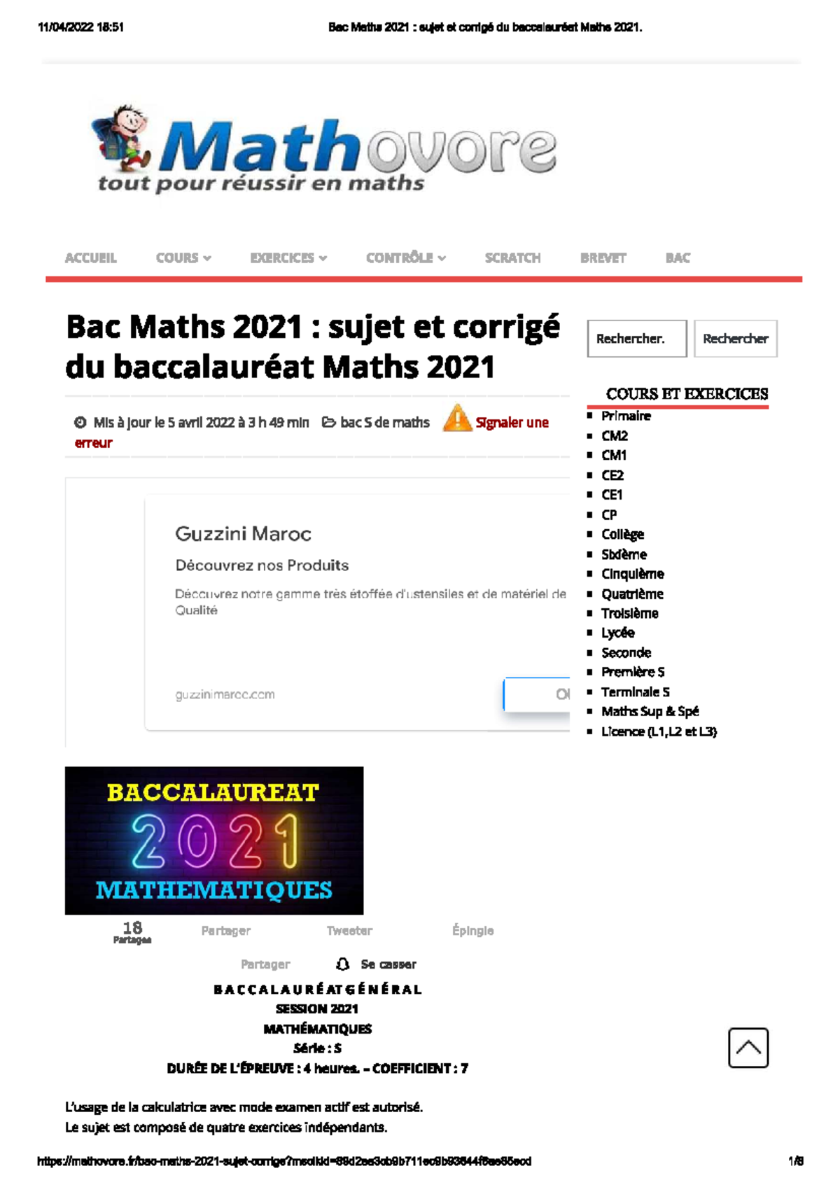 Bac S Maths 2021 : Sujet et Corrigé du Baccalauréat Mathématiques - Studocu