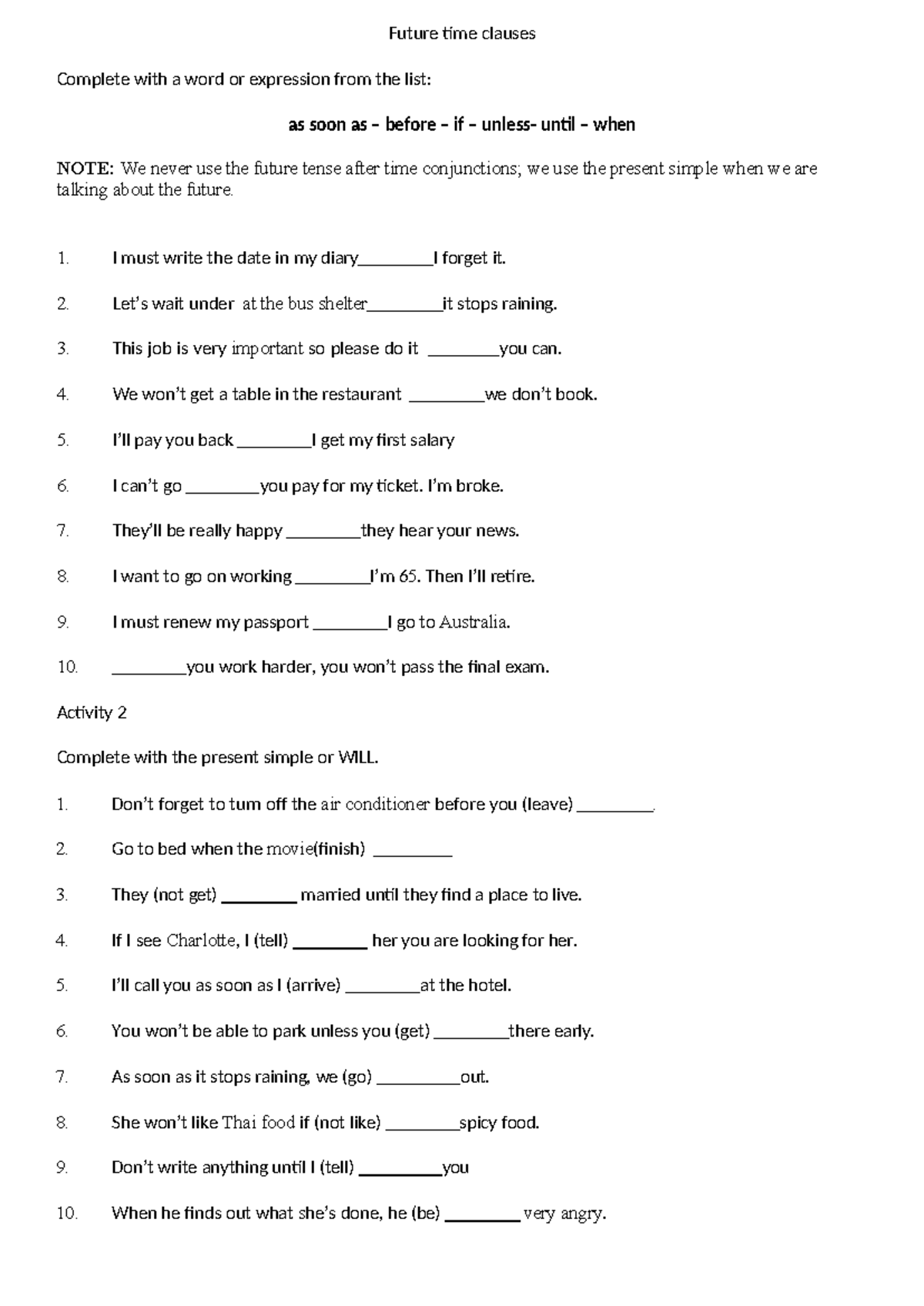 Future Time Clauses Practice Exercises 2022 - Studocu