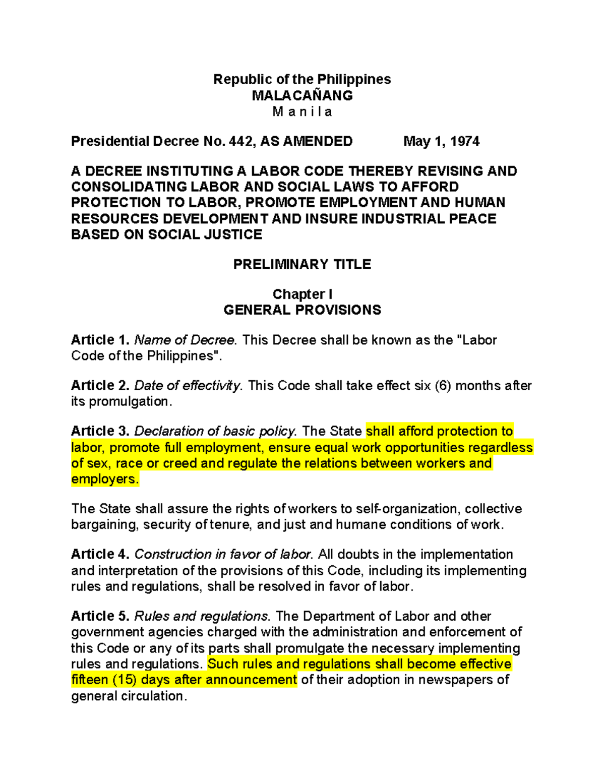 Notes on Labor Code of the Philippines (PD No. 442) - Republic of the ...
