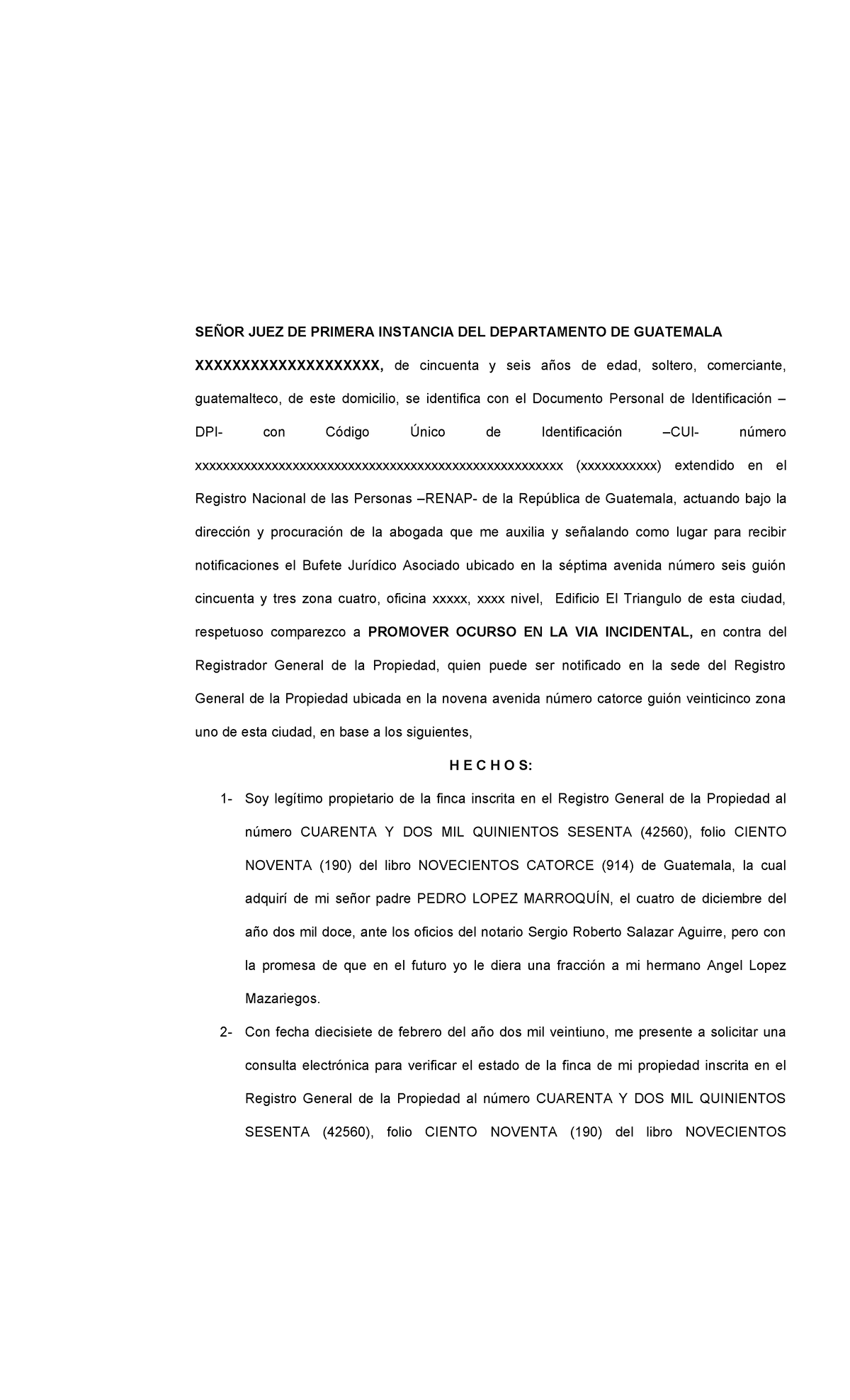 Ocurso en la Vía Incidental contra el Registro General de la Propiedad ...