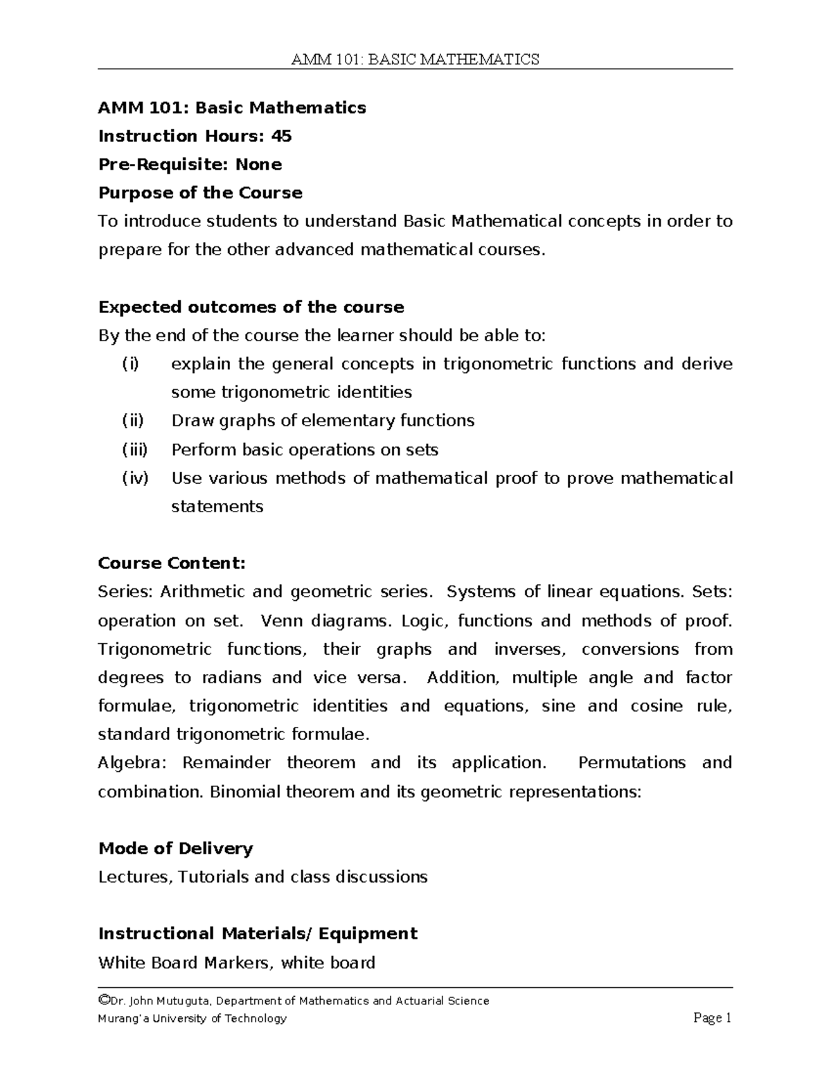 AMM 101: Basic Mathematics Course Notes and Study Guide - Studocu