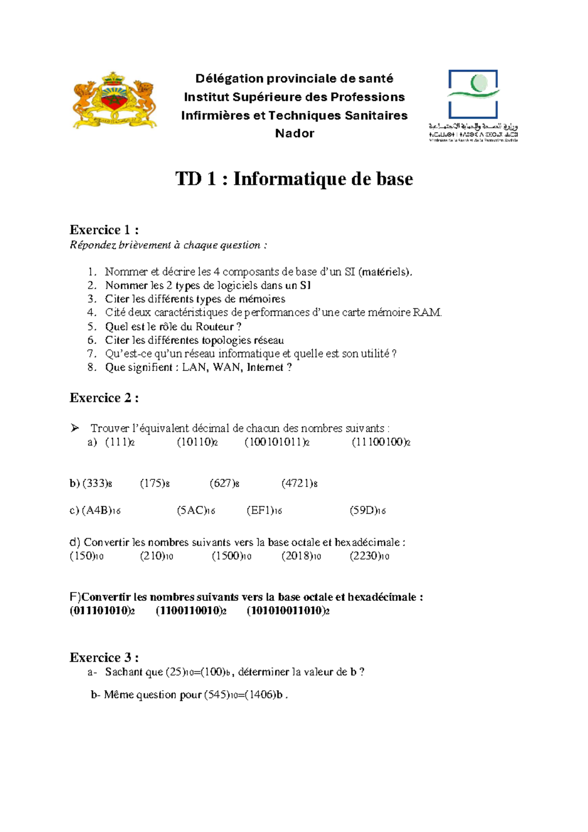 TD 1 : Informatique de Base - Exercice 1 et 2 - Studocu