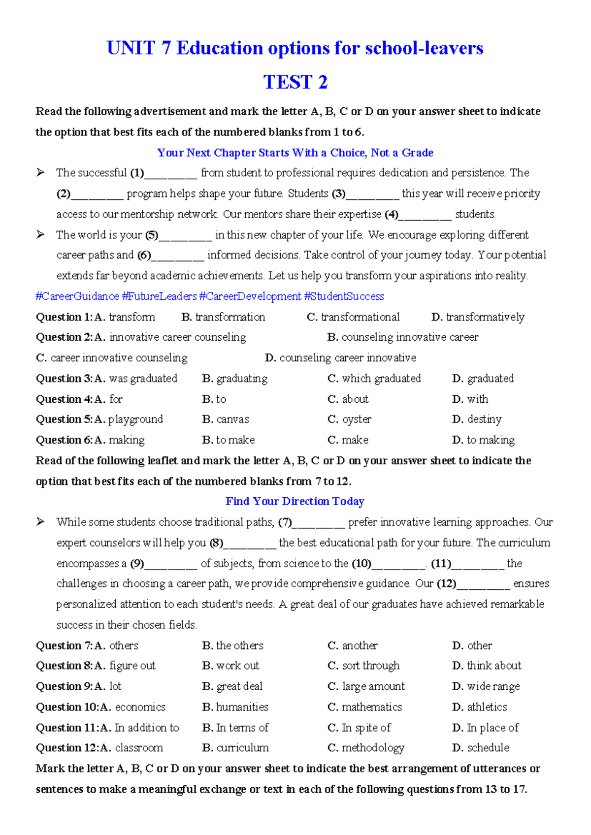 UNIT 7 Grade 11 TEST 2 - Education Options and Career Paths - Studocu