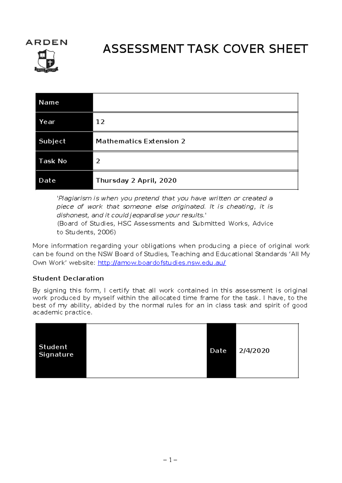 2020 HSC Year 12 Mathematics Extension 2 Task 2: Complex Numbers ...