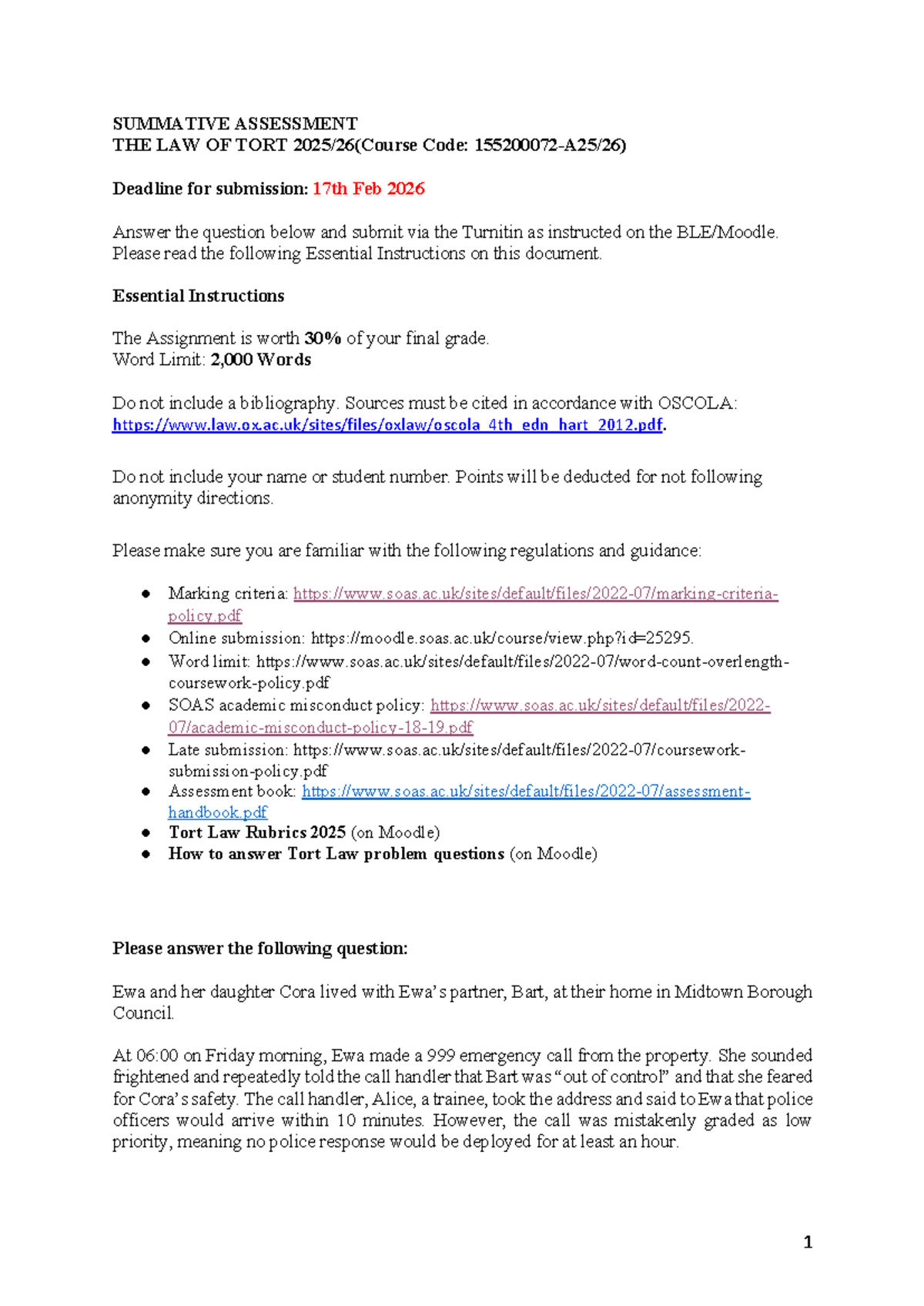 Tort Law Summative Assessment AS1: Case Study 2025-26 - Studocu