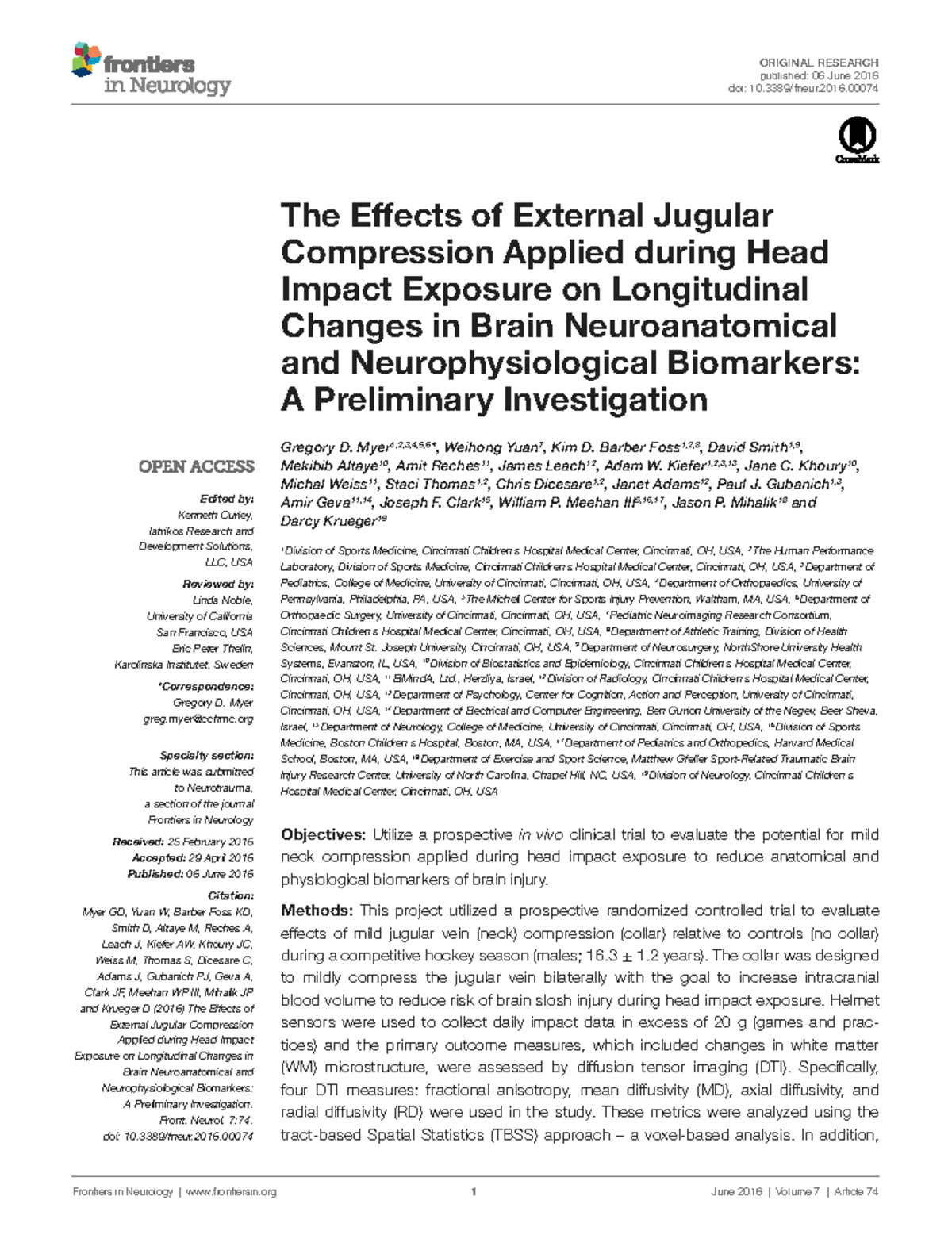 Effects of External Jugular Compression on Brain Biomarkers in Youth ...