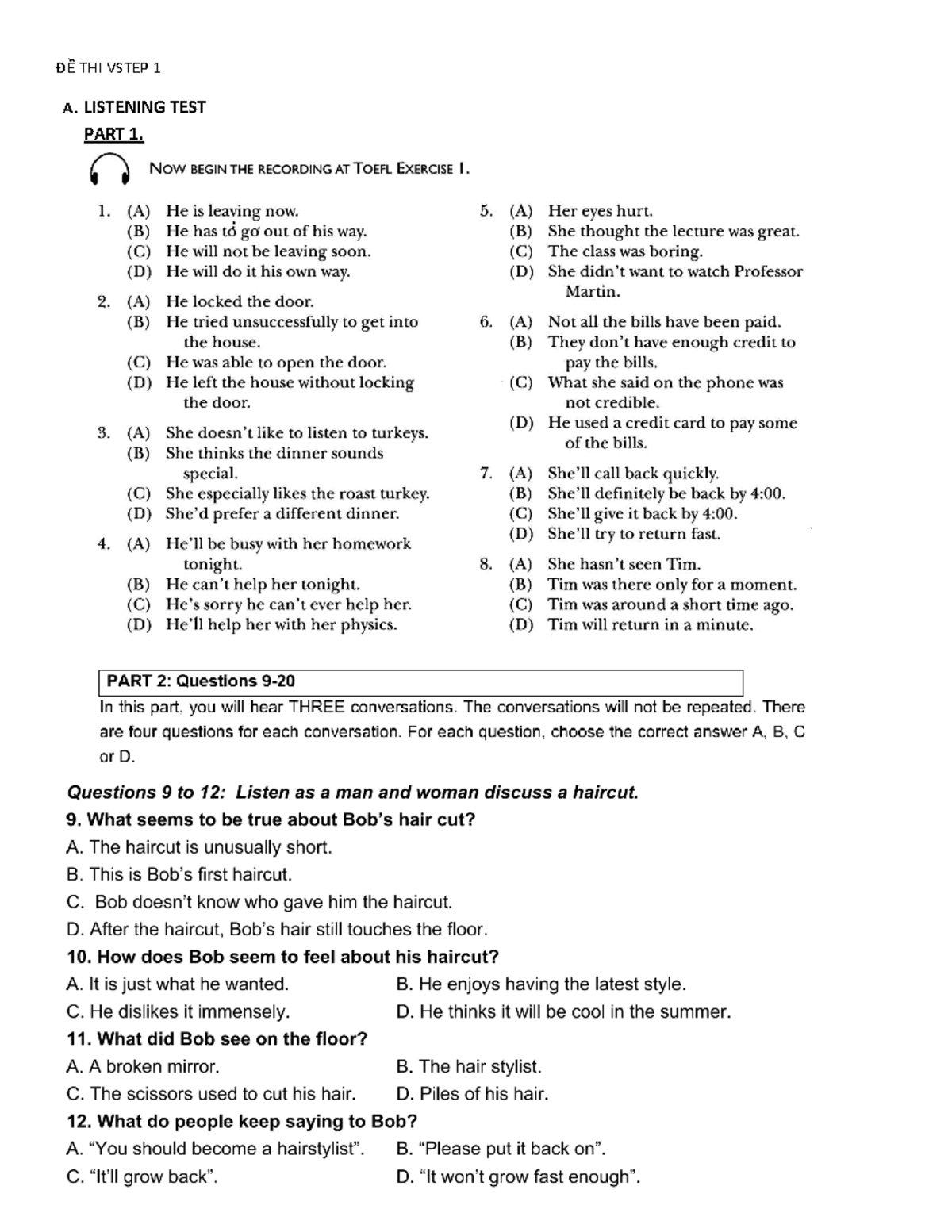 ĐỀ THI VSTEP 1: LISTENING, SPEAKING, READING & WRITING TEST - Studocu