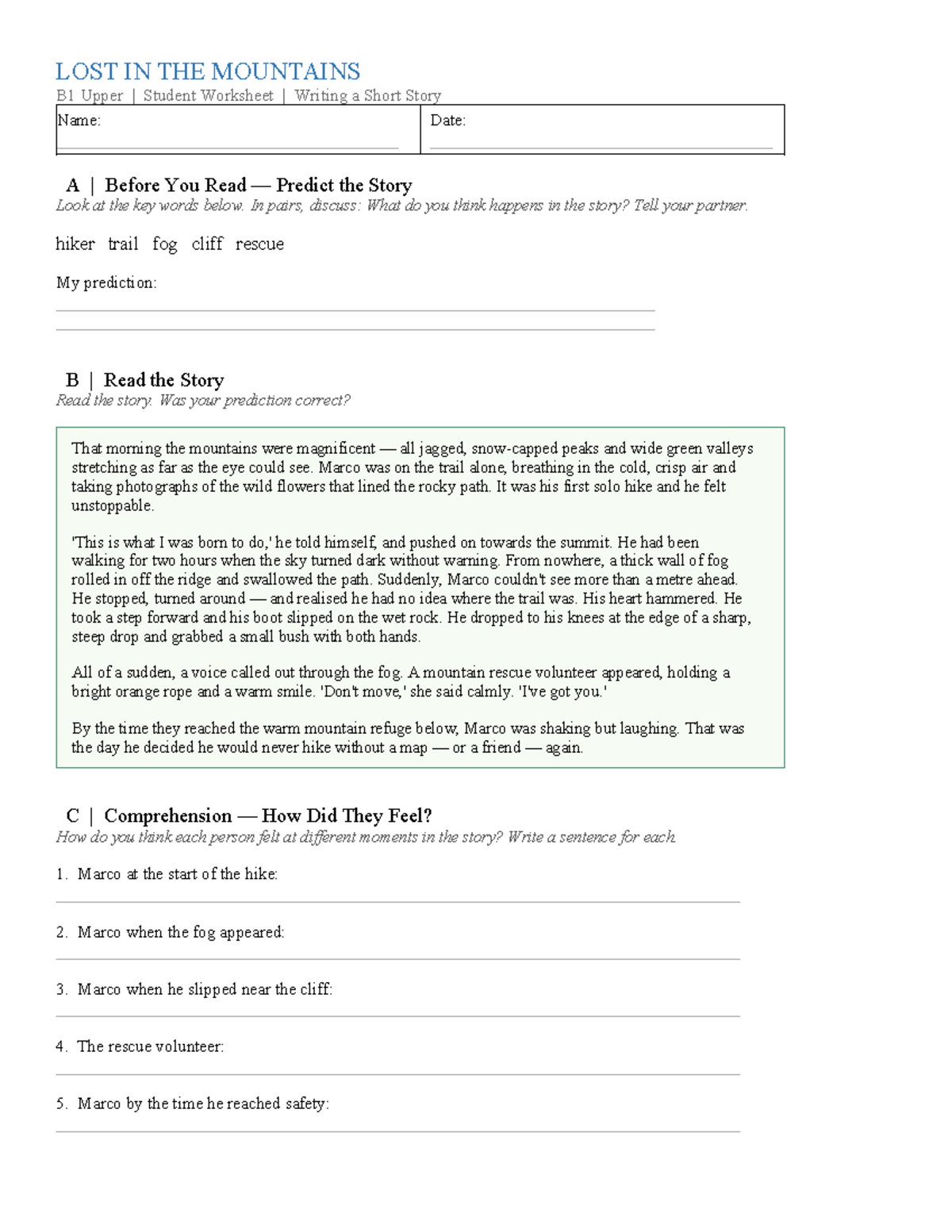B1 Lost in the Mountains: Short Story Writing Worksheet - Studocu