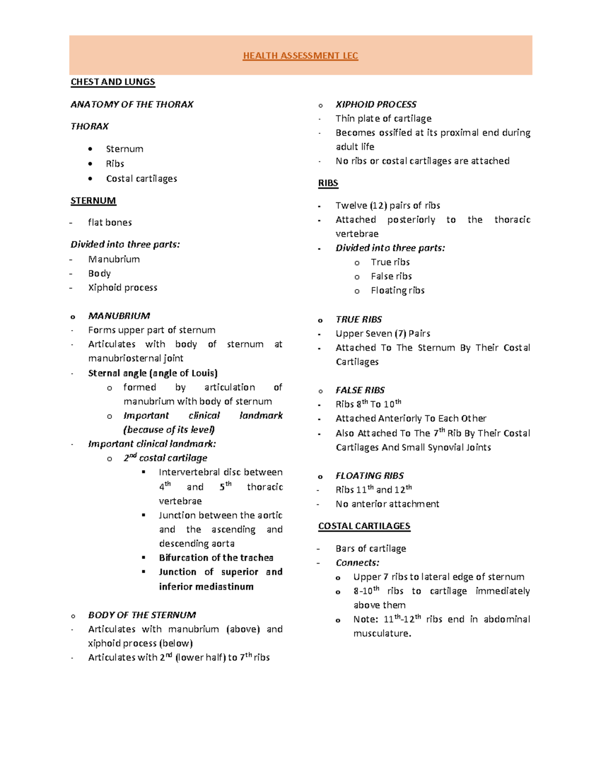 Health- Assessment- Finalsss - CHEST AND LUNGS ANATOMY OF THE THORAX ...
