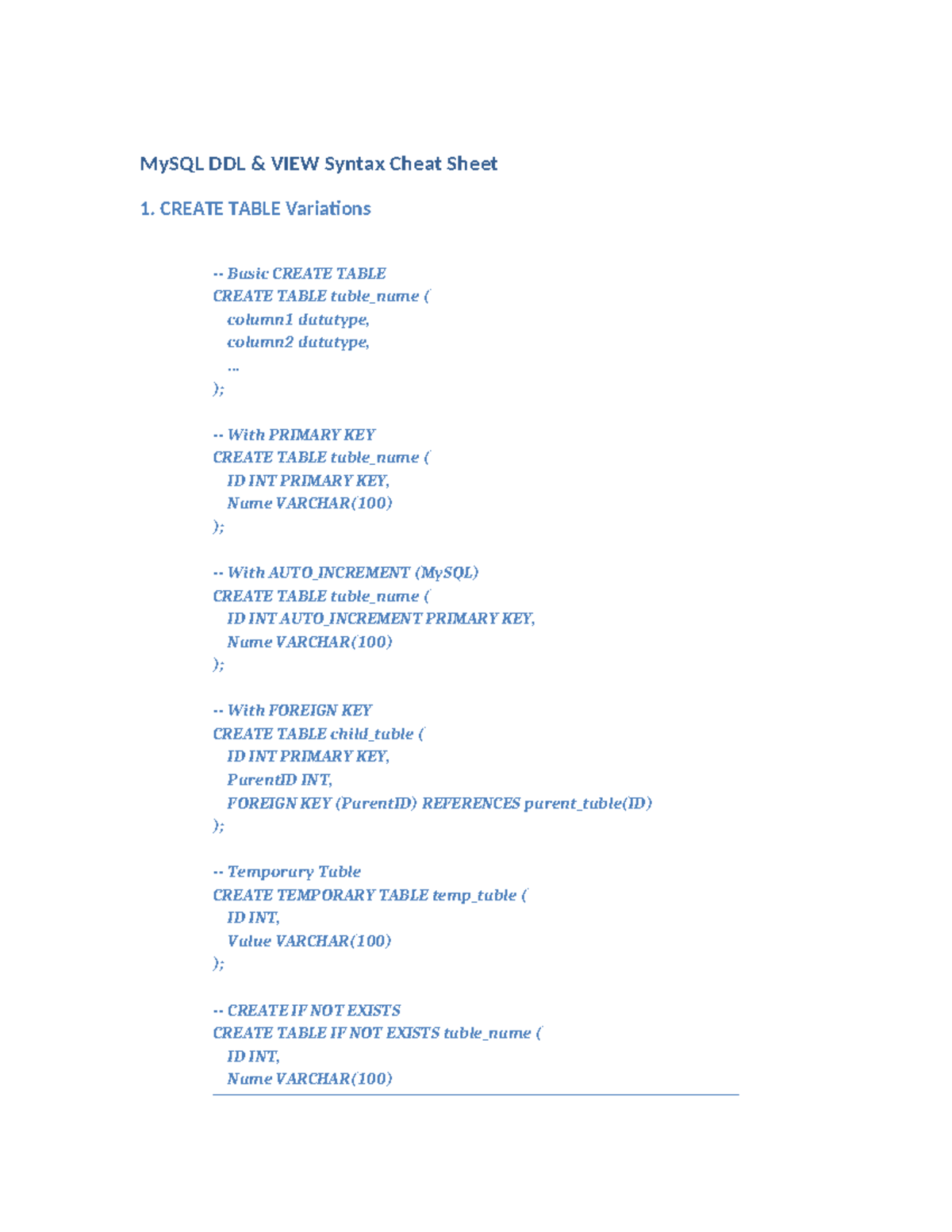 MySQL DDL Syntax Cheat Sheet: CREATE, ALTER, VIEW, INSERT, DELETE - Studocu
