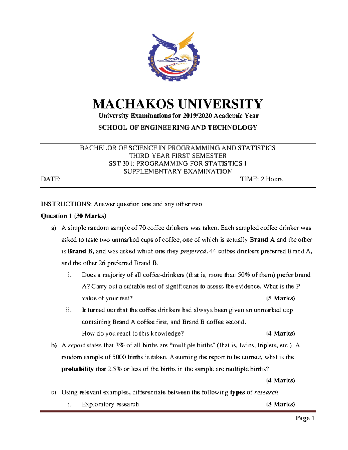 SST 301: Programming for Statistics I Supplementary Exam Guide - Studocu