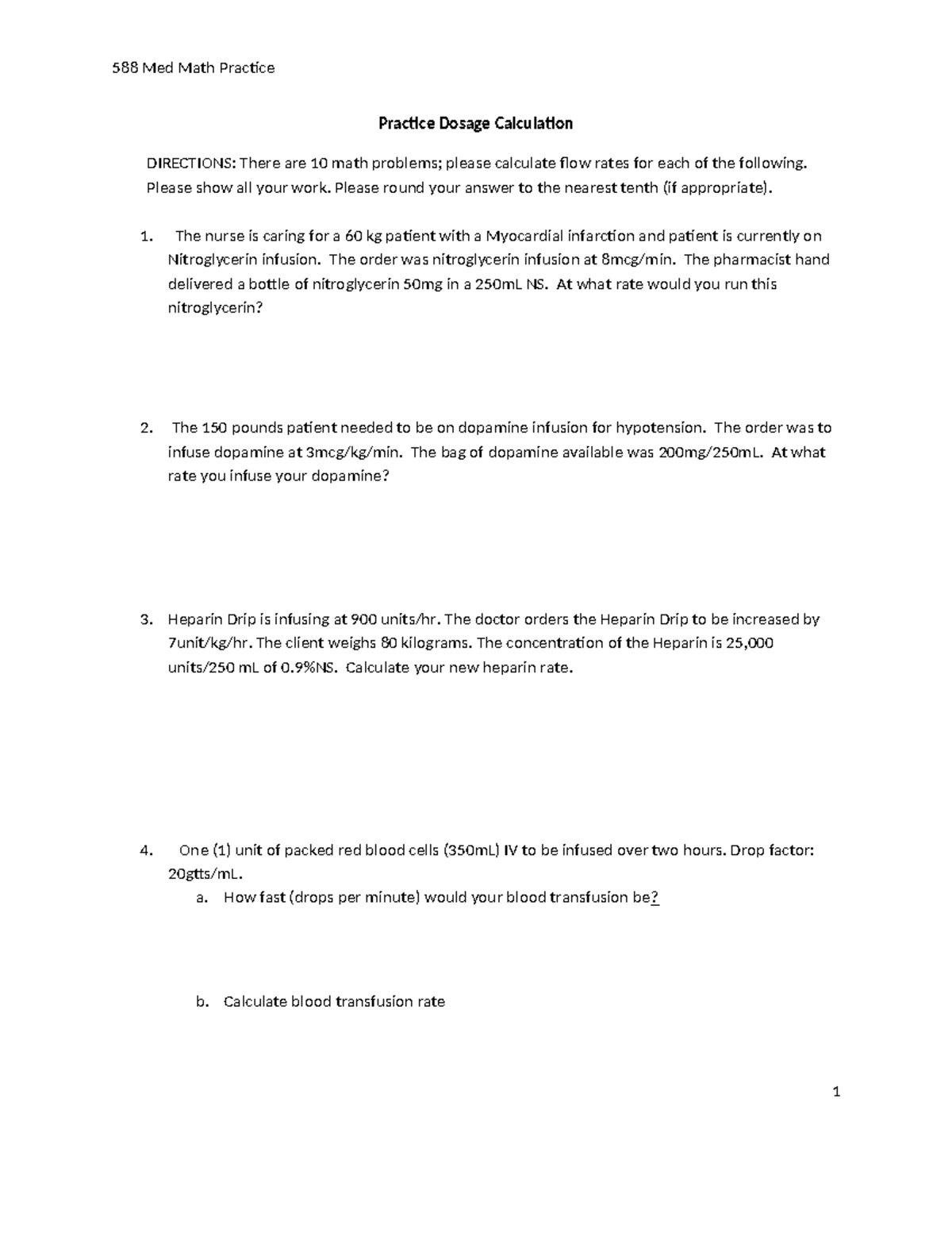 588 Med Math Practice: Dosage Calculations & Flow Rates - Studocu
