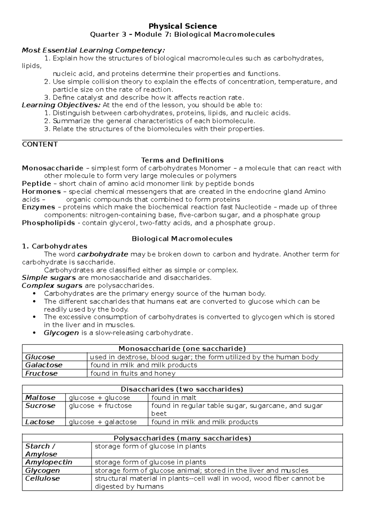 Quarter 3 Lesson 7 Biological Macromolecules - Physical Science Quarter ...