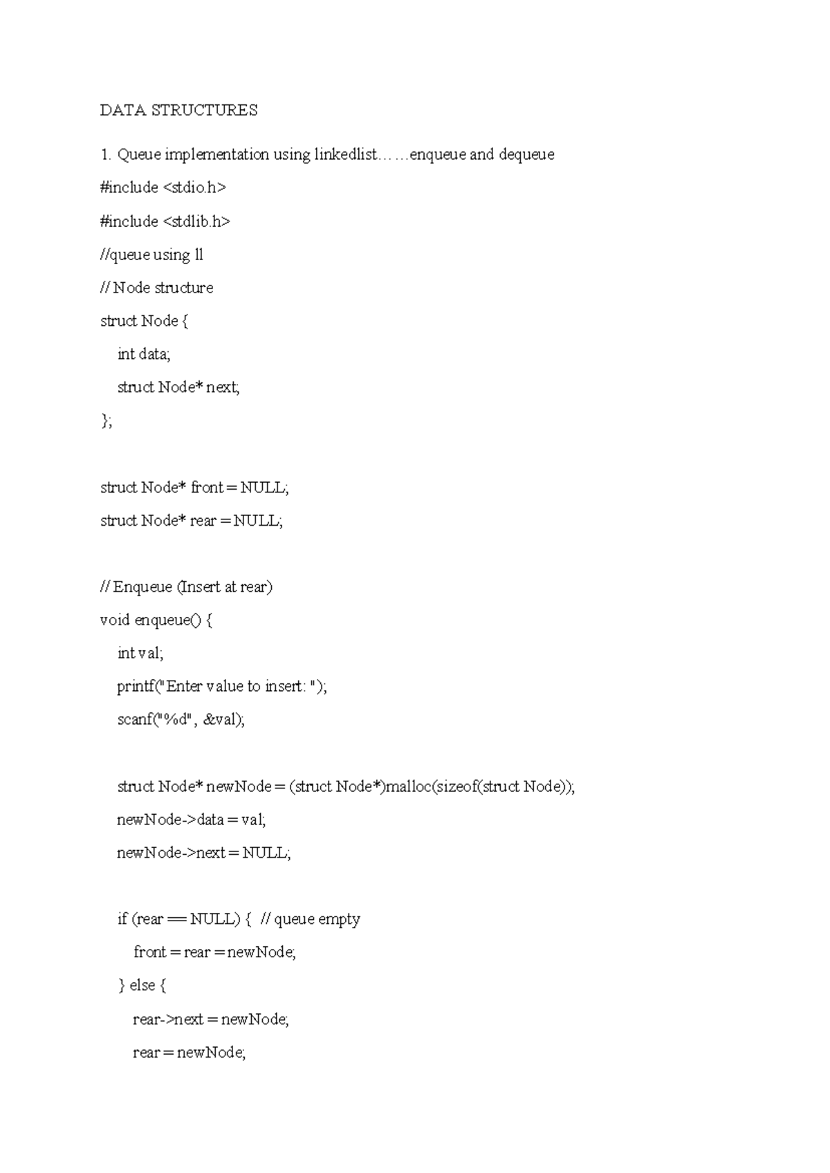 DATA STRUCTURES: Queue & Tree Implementations in C - Studocu