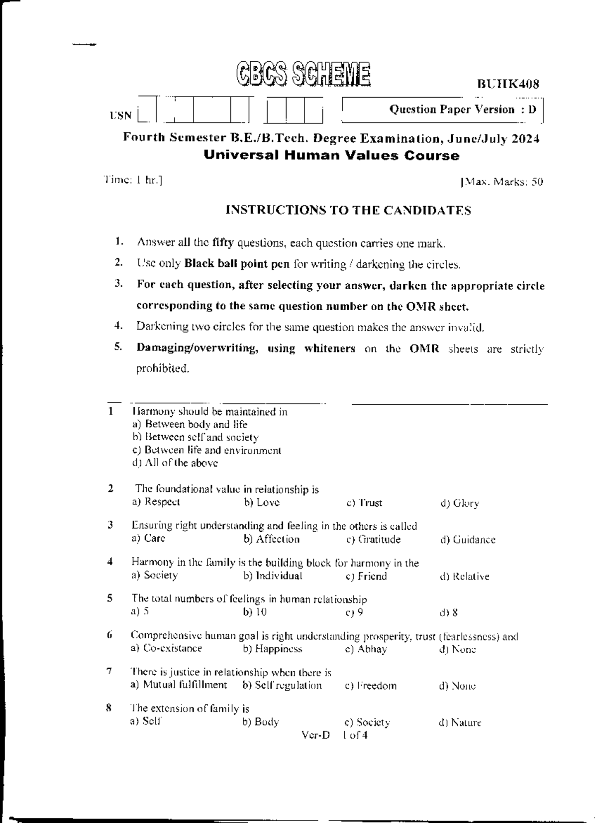 BUHK408 Fourth Sem Exam: Universal Human Values Question Paper - Studocu