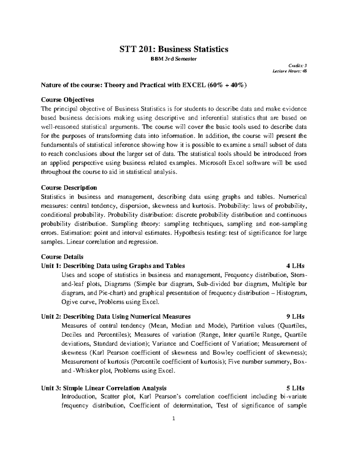 BBM 3rd Sem STT 201 Business Statistics Syllabus 2023 - Studocu