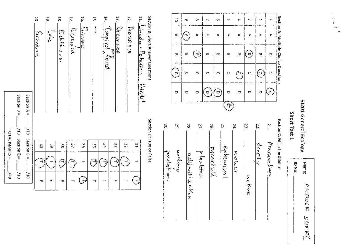 BI201 General Ecology Short Test 1 Solutions - Studocu