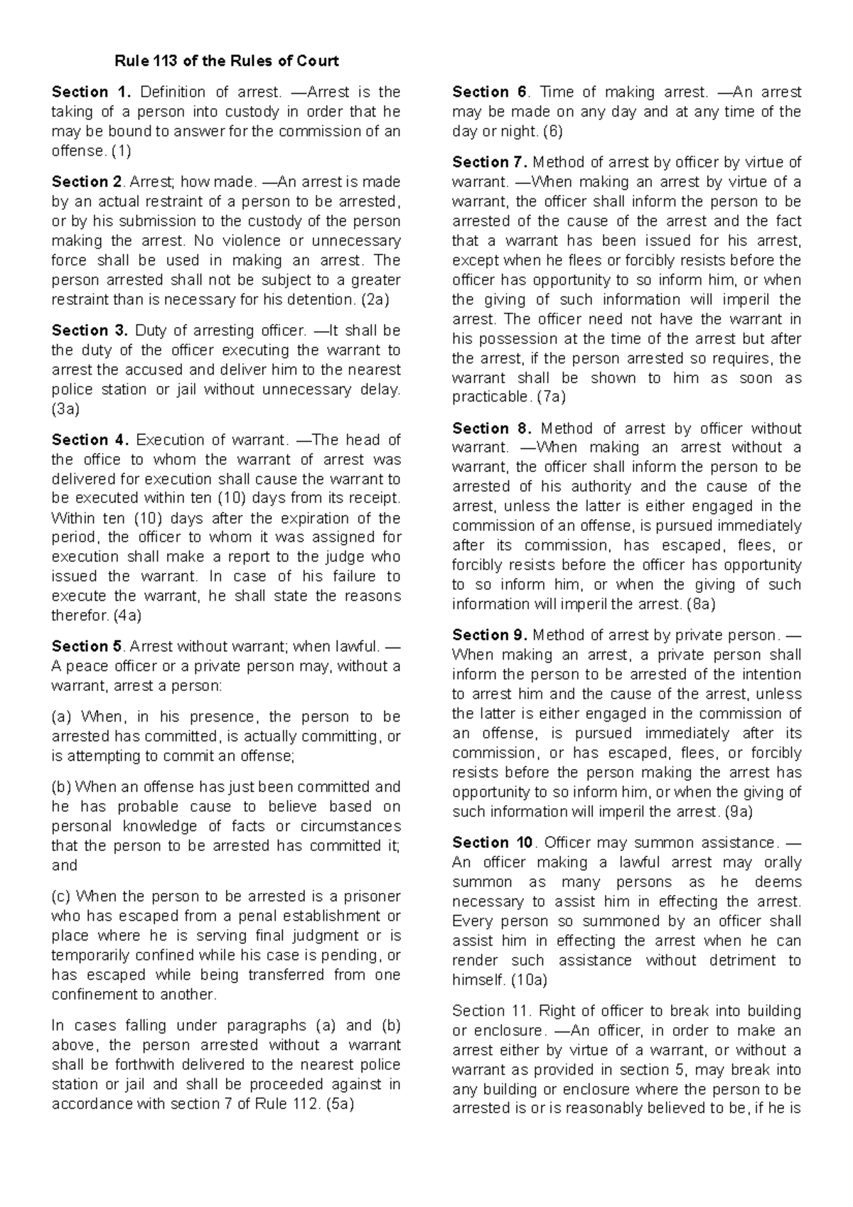 CDI Finals Reviewer - Rule 113 of the Rules of Court Section 1 ...