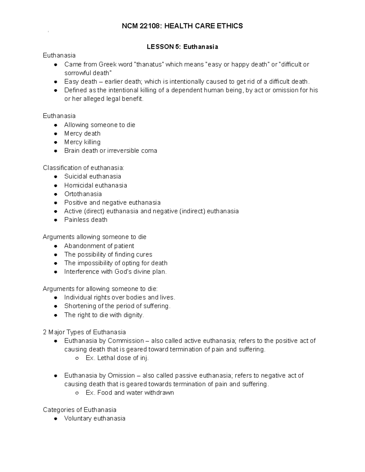 NCM 22108 HCE MID Lesson 5: Understanding Euthanasia Concepts - Studocu