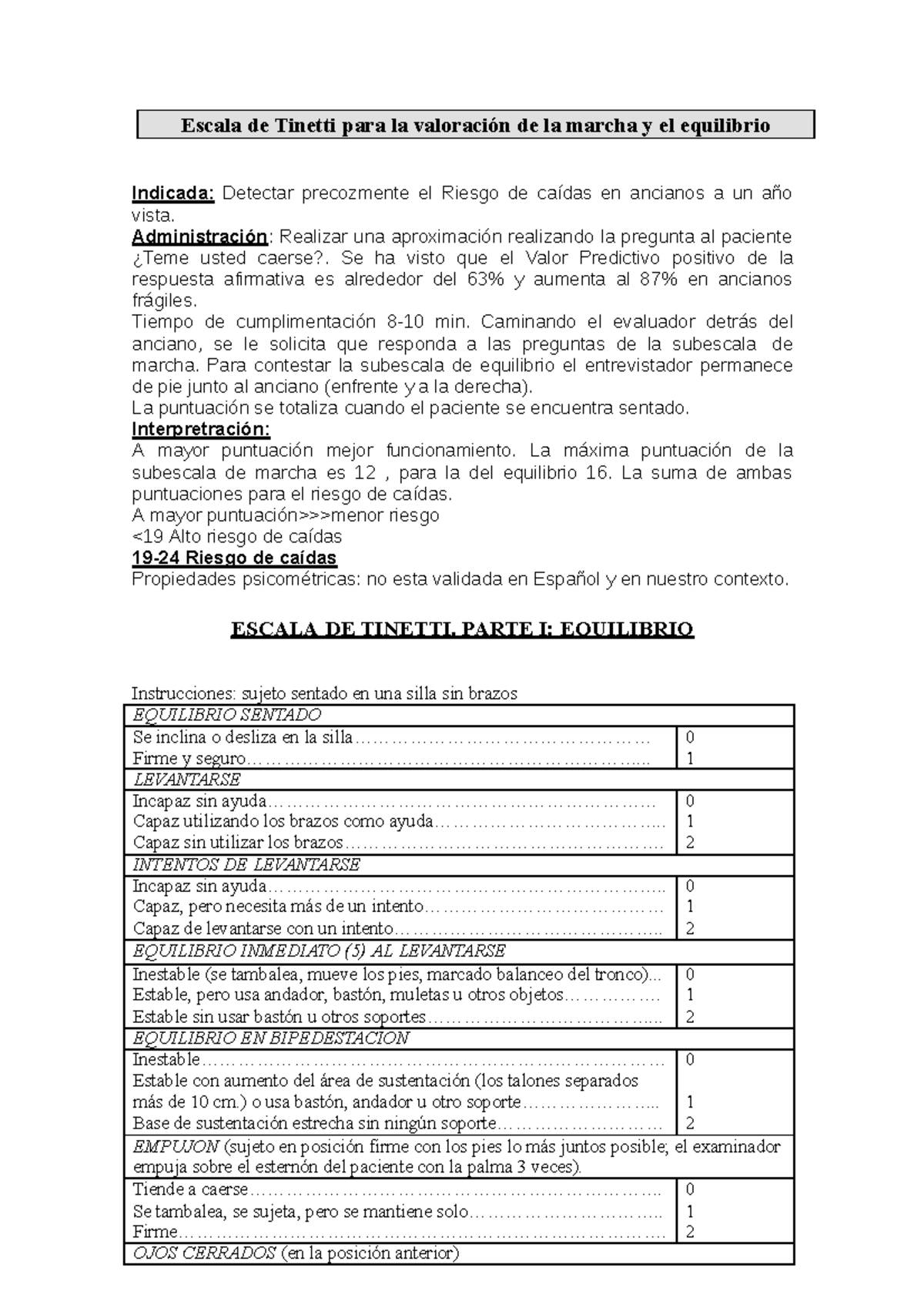 Escala Tinetti- escala de marcha y equilibrio - Escala de Tinetti para ...
