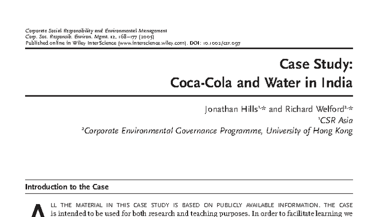 Case Study: Coca-Cola's CSR and Environmental Impact in India (Corp ...