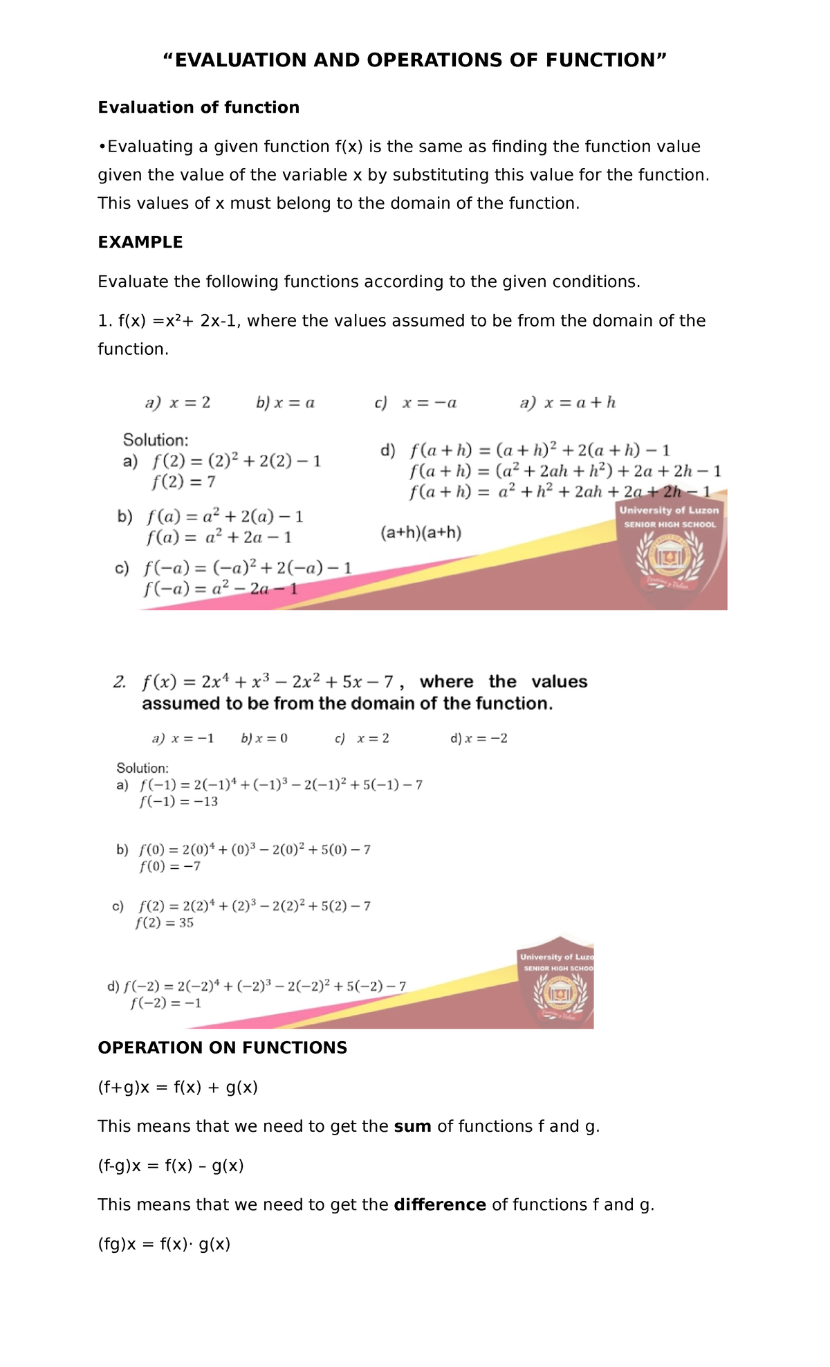 Evaluations & Operations of Functions in Mathematics (MATH101) - Studocu