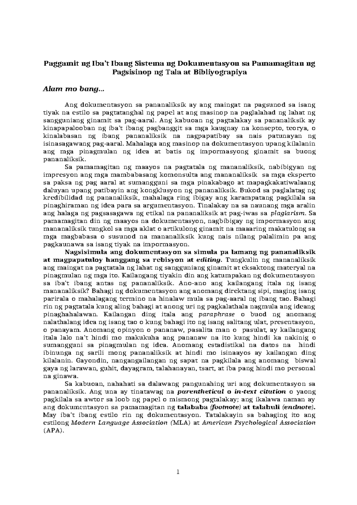 Pagsisinop at Paggamit ng Tala at Bibliyograpiya sa Estilong APA at MLA ...