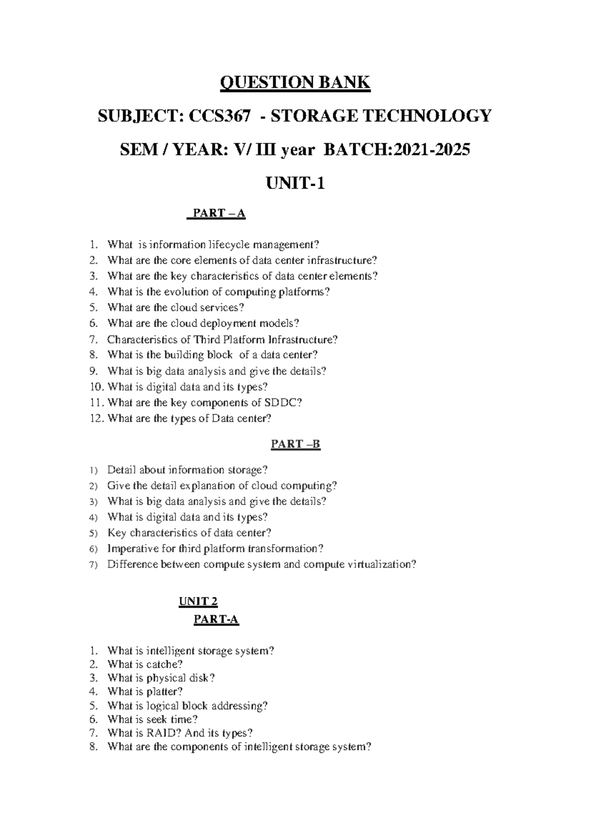 CCS367 Storage Technologies Question Bank for V Sem B.Tech 2021-2025 ...