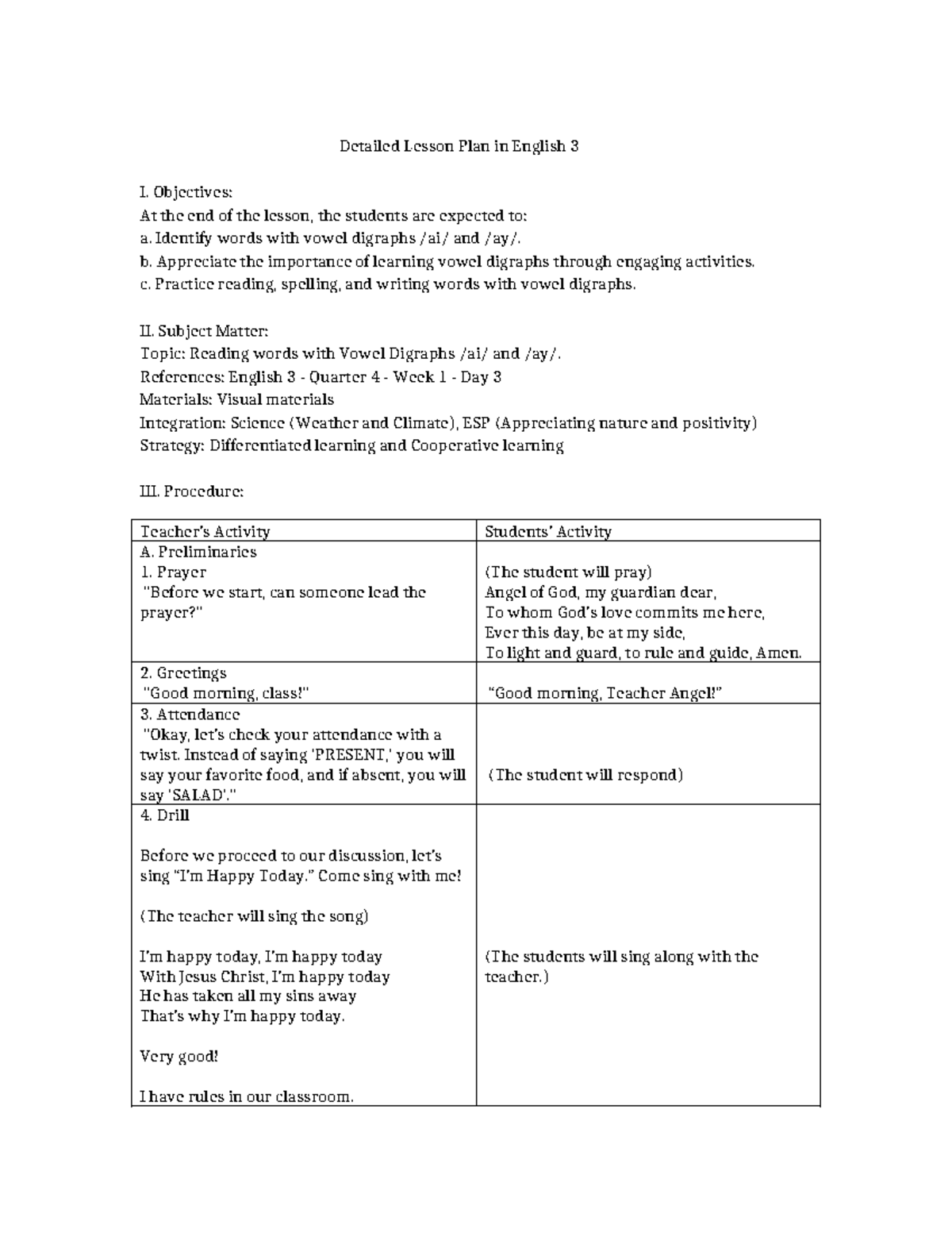 Lesson Plan English 3 - Detailed Lesson Plan in English 3 I. Objectives ...