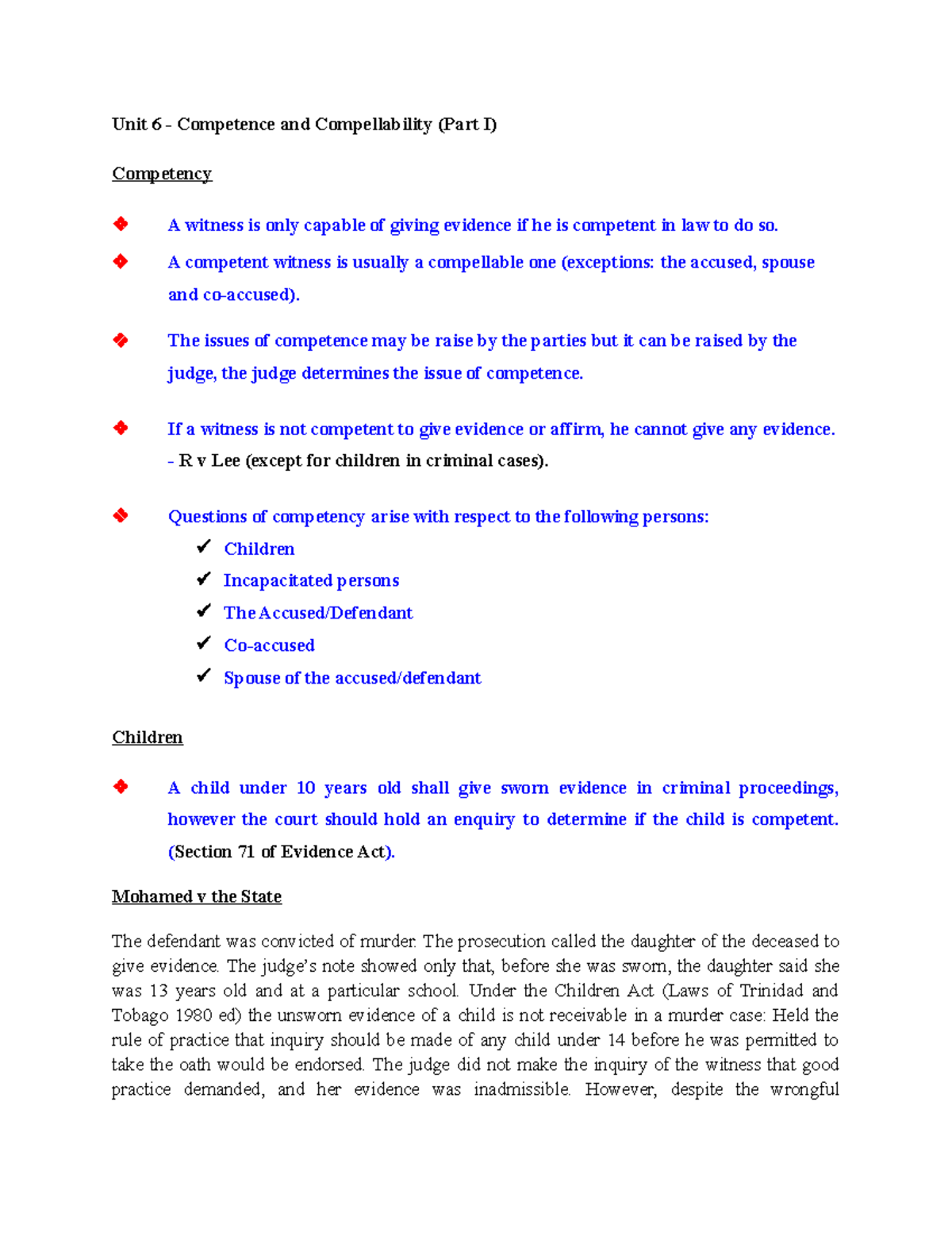 Unit 6 Notes - Witness Competence & Compellability in Evidence Law ...
